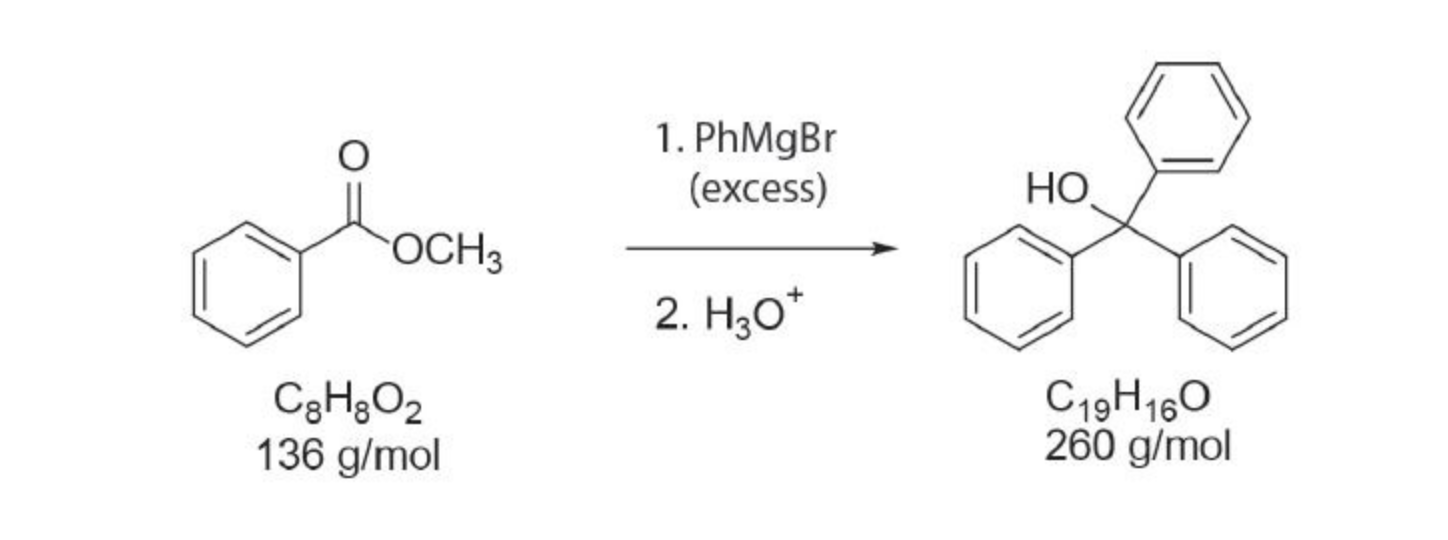 Solved 2. H3O+ 1. PhMgBr (excess) C8H8O2 136 g/mol C19H16O | Chegg.com