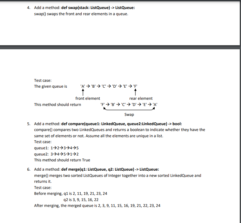Solved 4. Add a method: def swap(stack: ListQueue) -> | Chegg.com