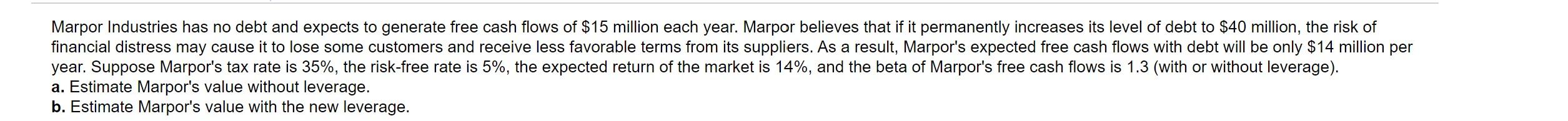 Solved Marpor Industries has no debt and expects to generate | Chegg.com