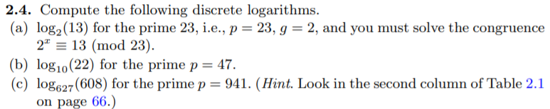 Solved 2.4. Compute the following discrete logarithms. (a) | Chegg.com