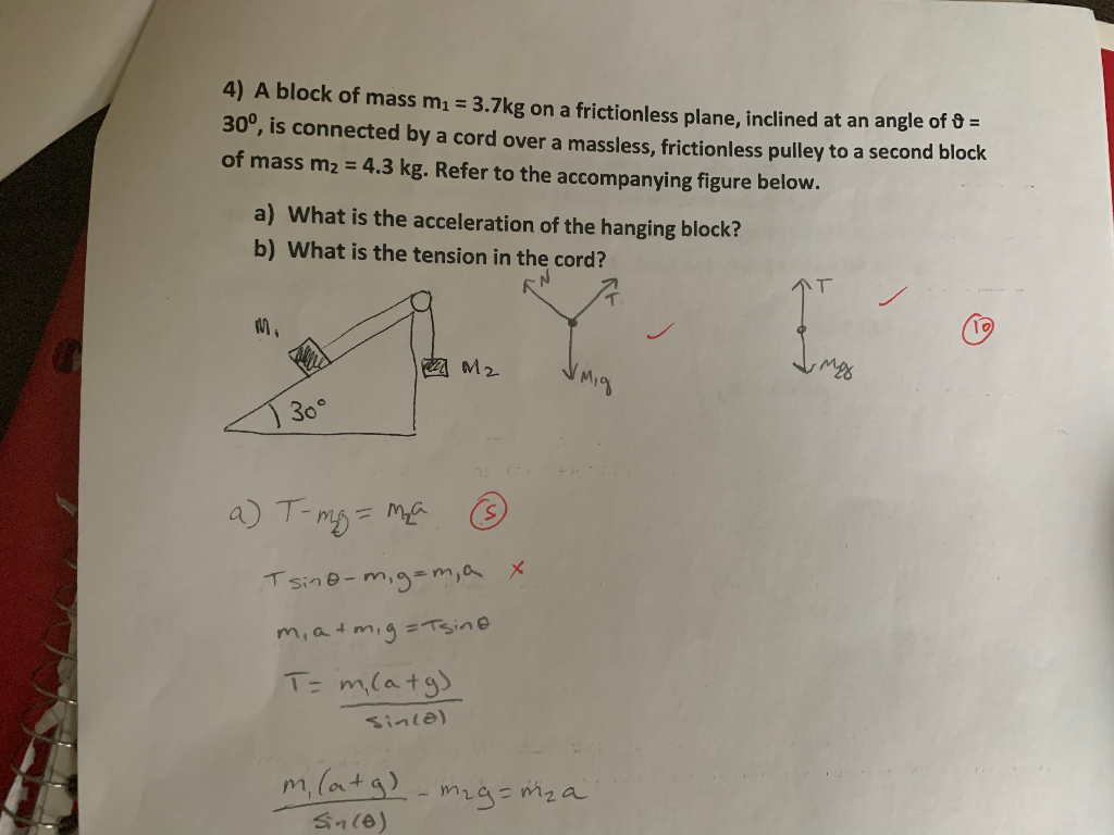 Solved 4) A block of mass m1 = 3.7kg on a frictionless | Chegg.com