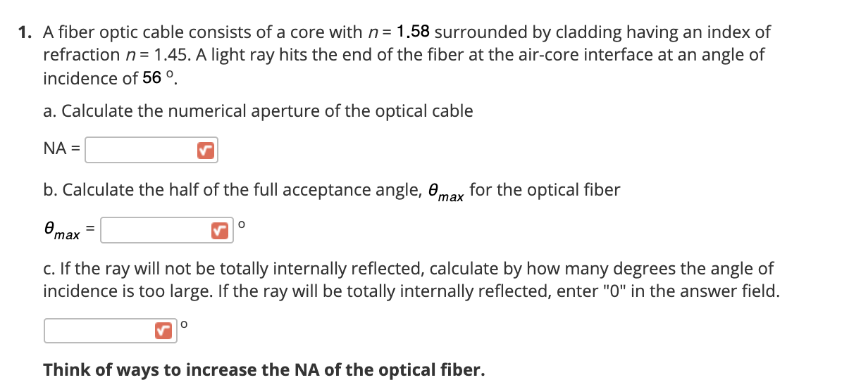 Solved 1. A fiber optic cable consists of a core with n= | Chegg.com