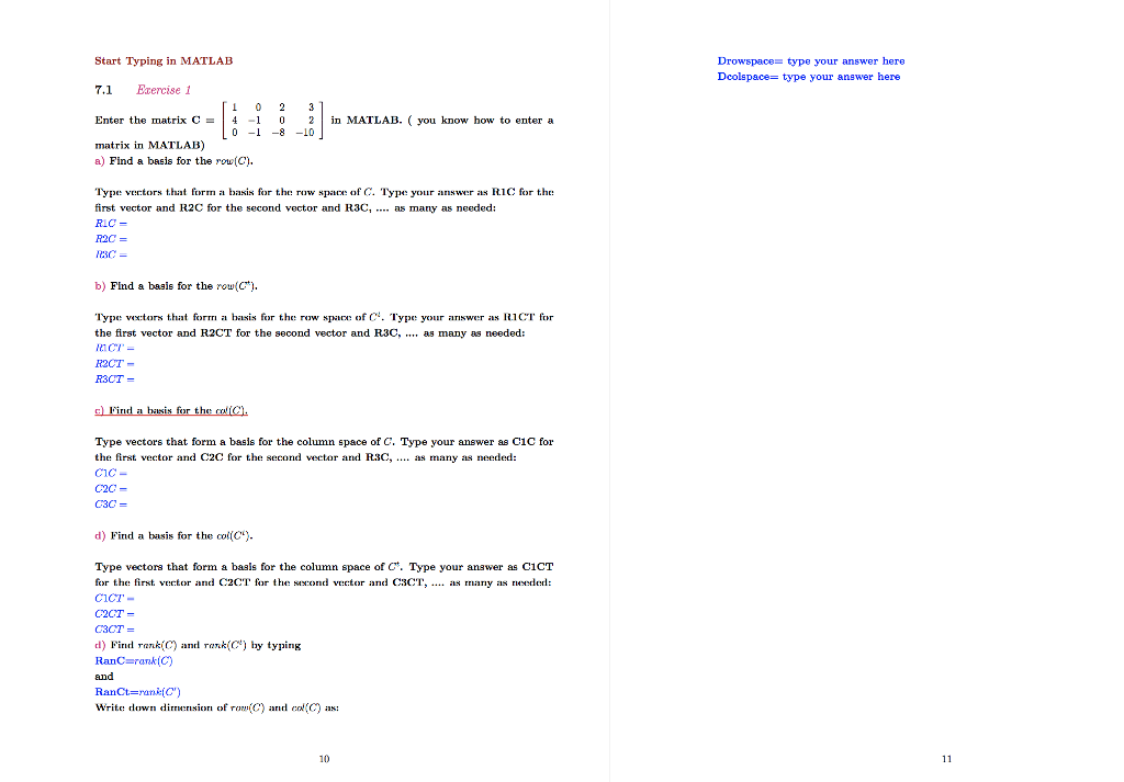 Solved Start Typing In Matlab 1 Exercise 1 Enter The Matrix 2165