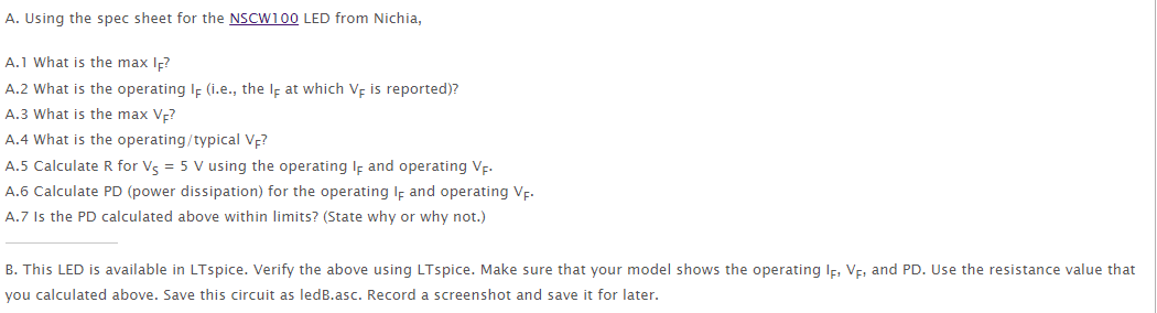 Solved A. Using the spec sheet for the NSCW100 LED from | Chegg.com