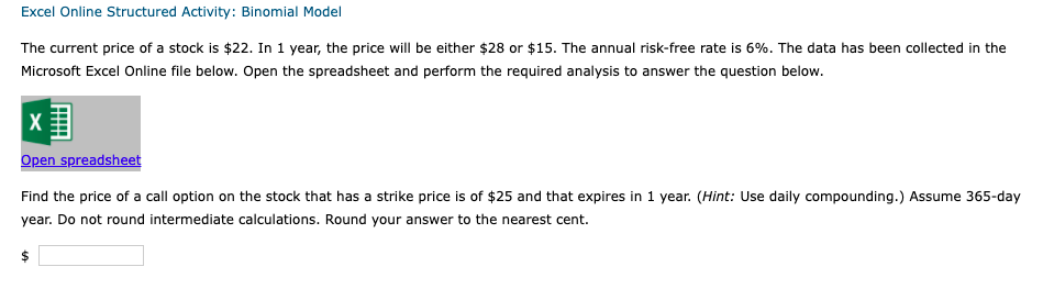 Solved Excel Online Structured Activity: Binomial Model The | Chegg.com