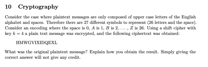 Solved 10 Cryptography Consider the case where plaintext | Chegg.com