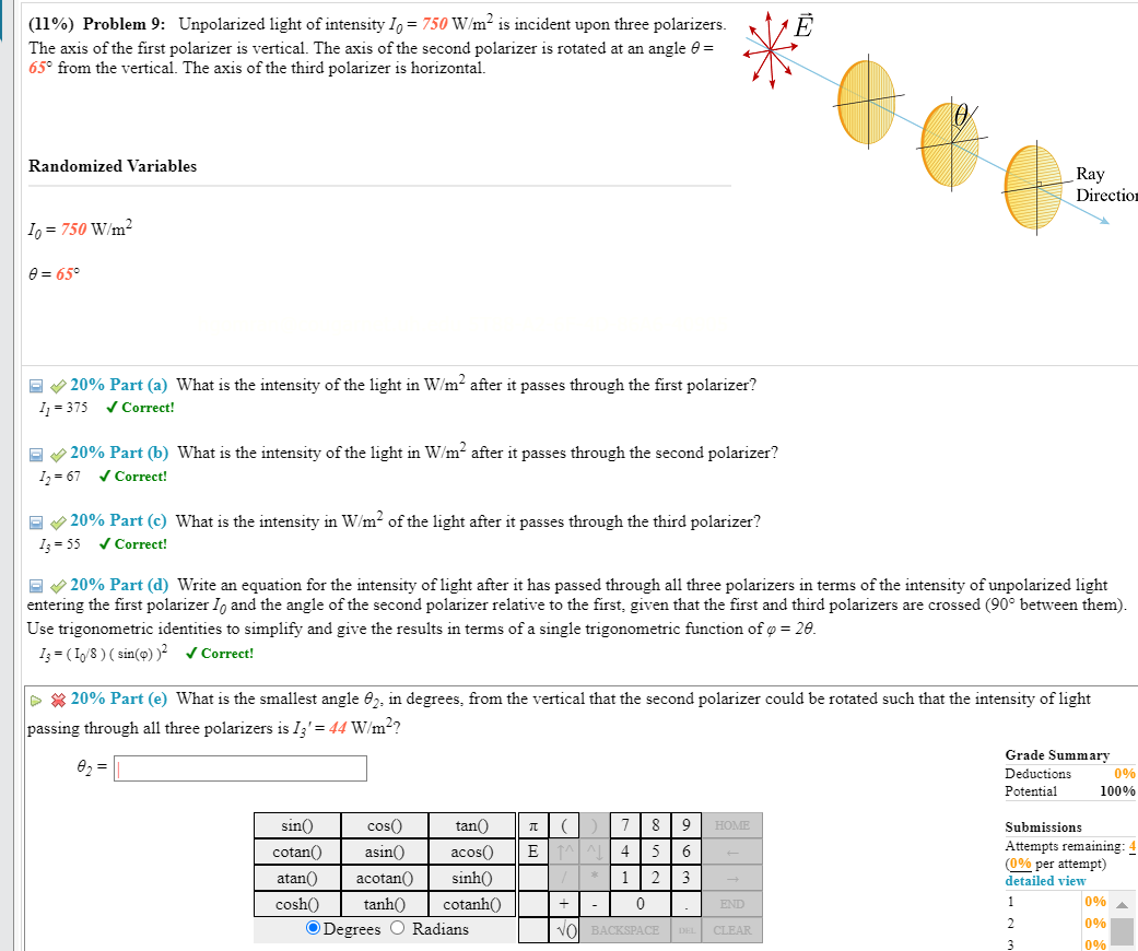 Solved (11\%) Problem 9: Unpolarized light of intensity | Chegg.com