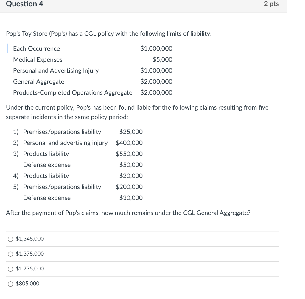 Solved Pop's Toy Store (Pop's) has a CGL policy with the | Chegg.com