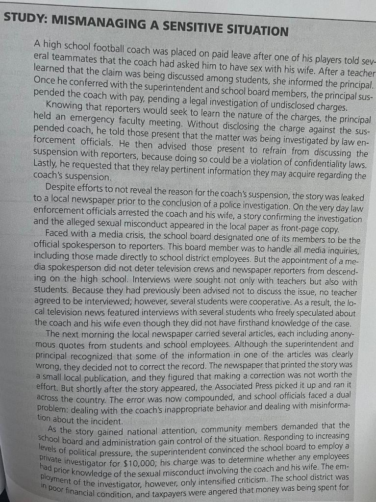 Solved STUDY: MISMANAGING A SENSITIVE SITUATION A high | Chegg.com