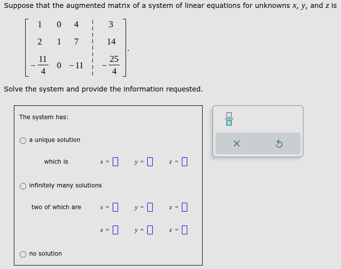 Solved ⎣⎡12−41101047−11314−425⎦⎤ Solve the system and | Chegg.com
