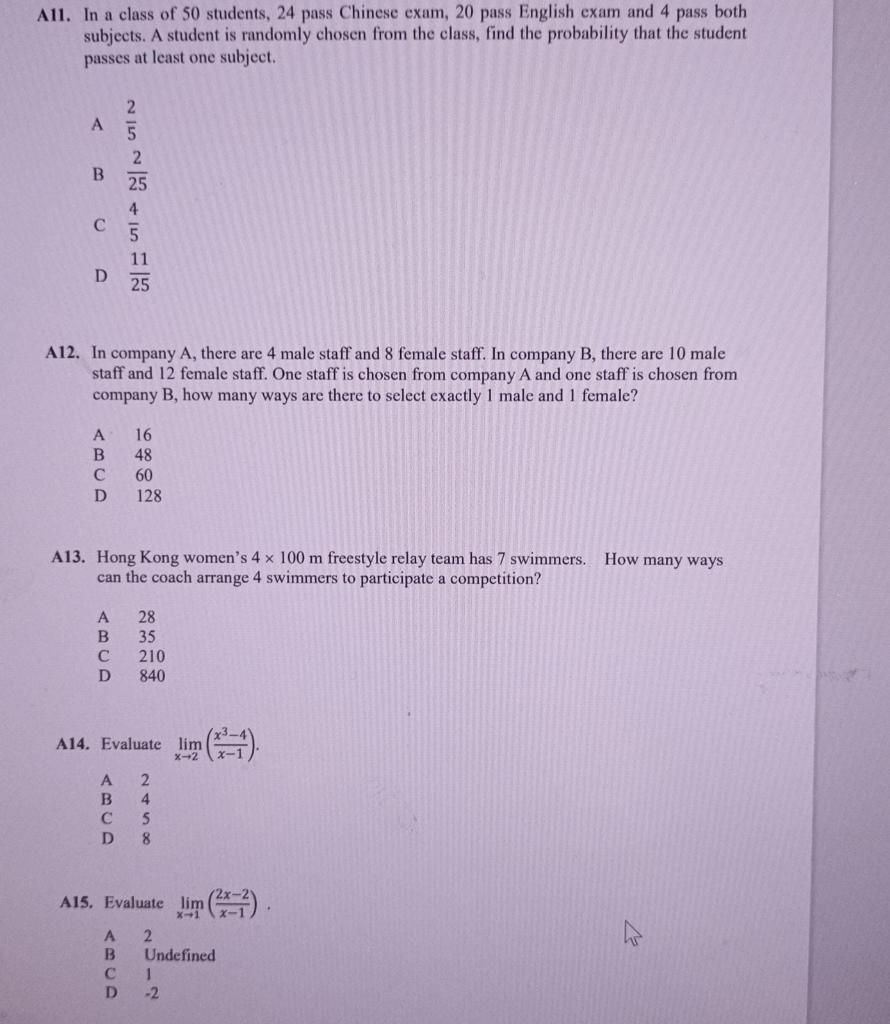 Solved A11. In a class of 50 students, 24 pass Chinese exam, | Chegg.com