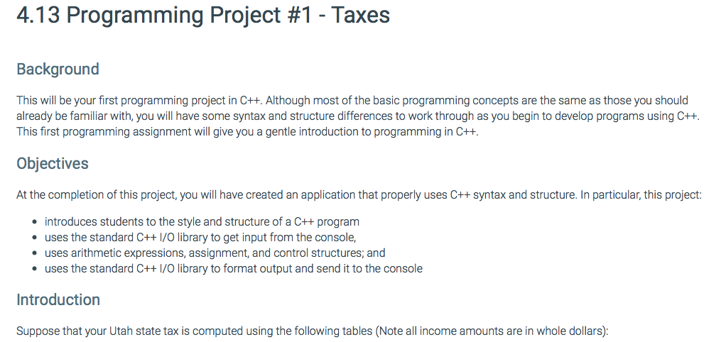 Solved 4.13 Programming Project #1-Taxes Background This | Chegg.com