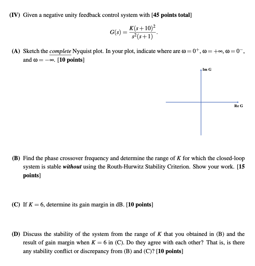 Solved (IV) Given a negative unity feedback control system | Chegg.com
