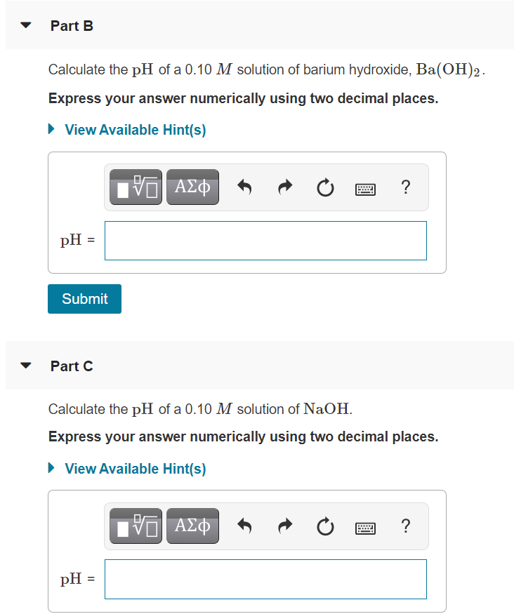 Solved Part B Calculate the pH of a 0.10 M solution of | Chegg.com