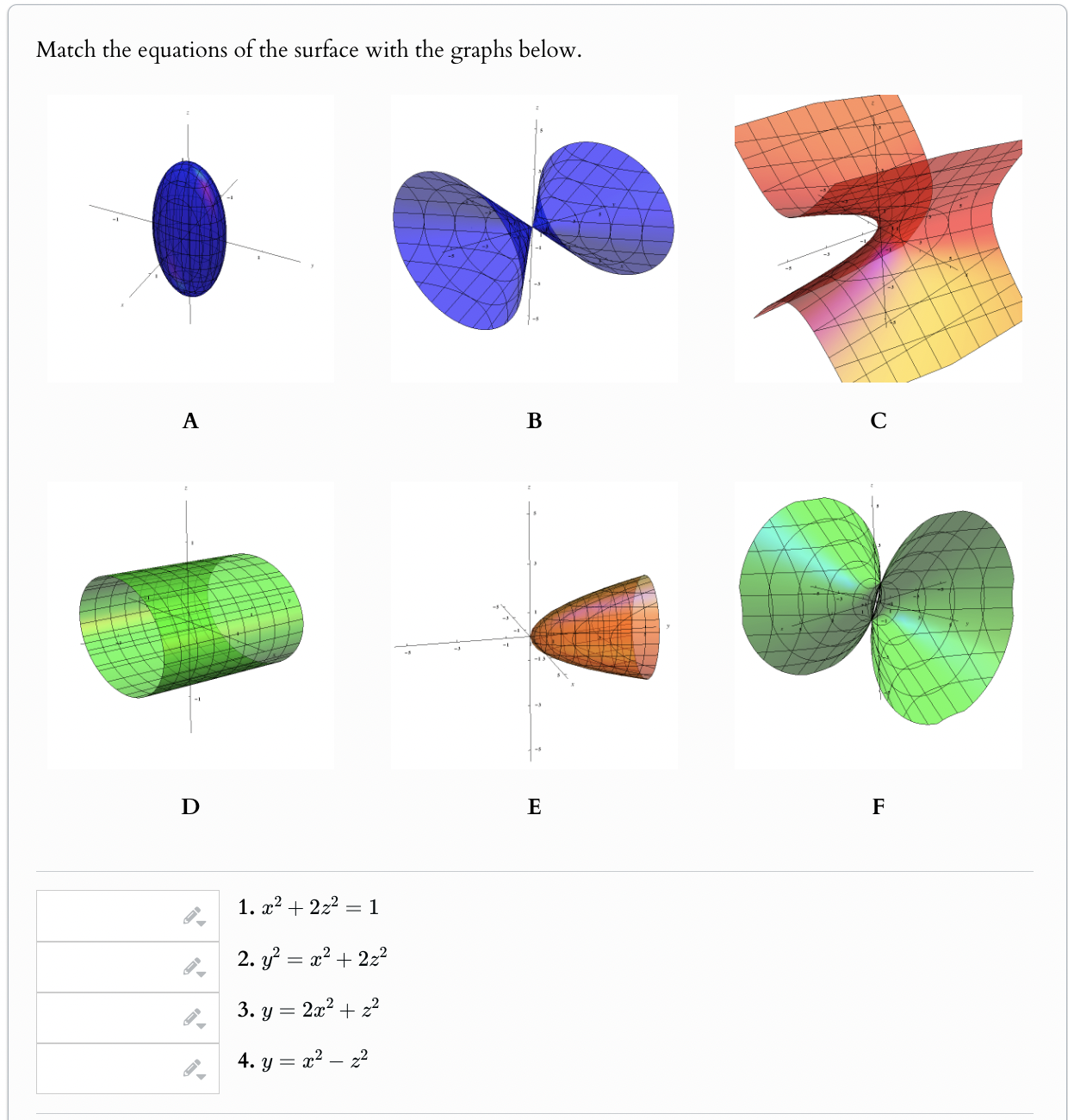 Solved Match the equations of the surface with the graphs | Chegg.com
