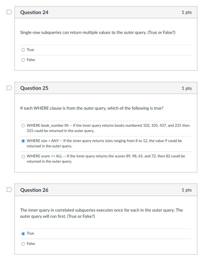 Solved Question 24 1 pts Single-row subqueries can return | Chegg.com