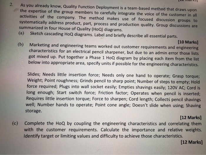 2. As you already know, Quality Function Deployment | Chegg.com