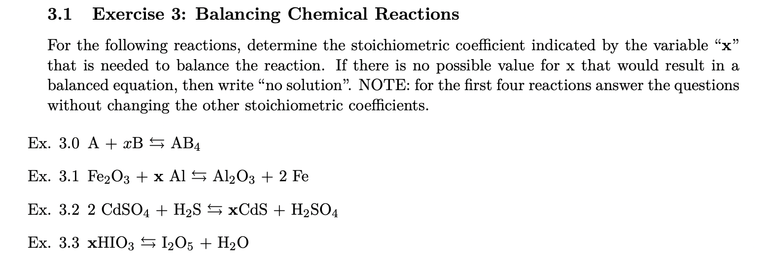 Solved 3.1 Exercise 3: Balancing Chemical Reactions For the | Chegg.com