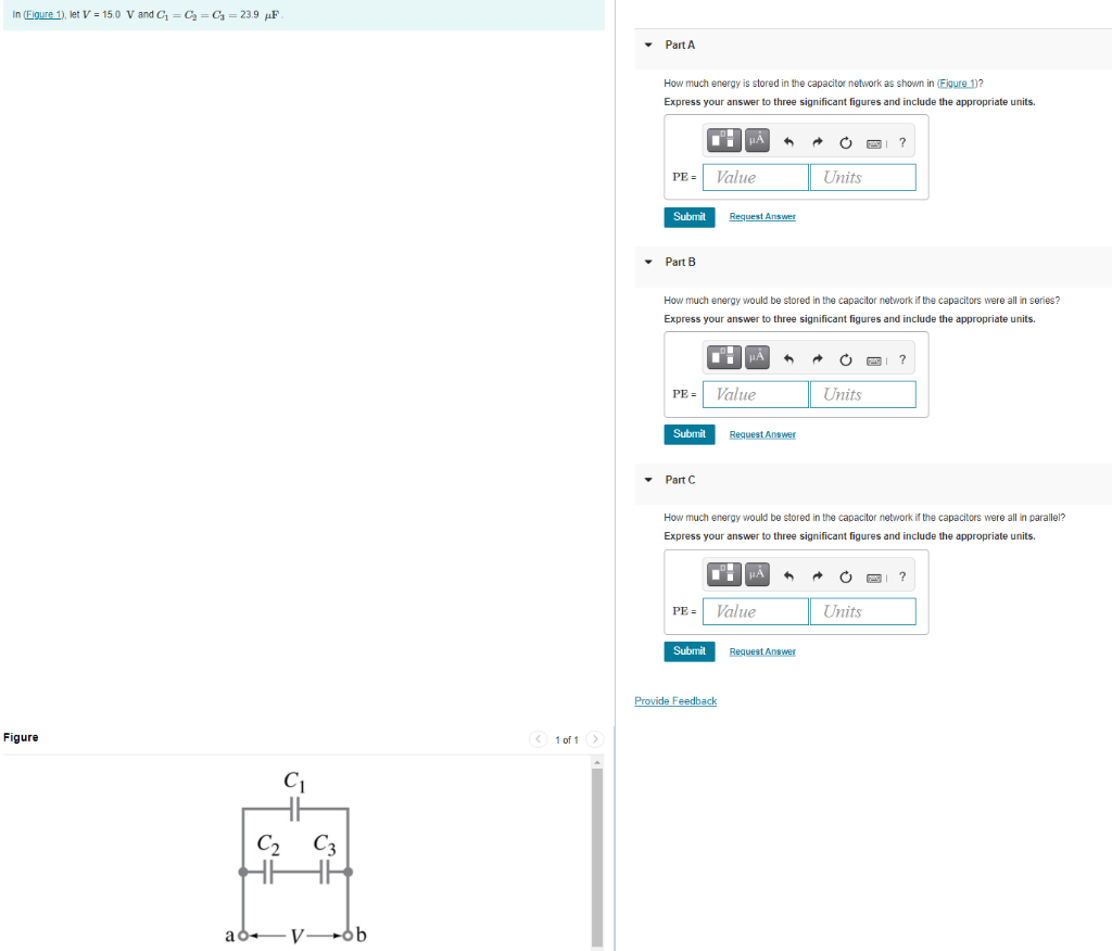 Solved In (Figure 1). let V = 150 V and C = C = C = 23.9 F. | Chegg.com