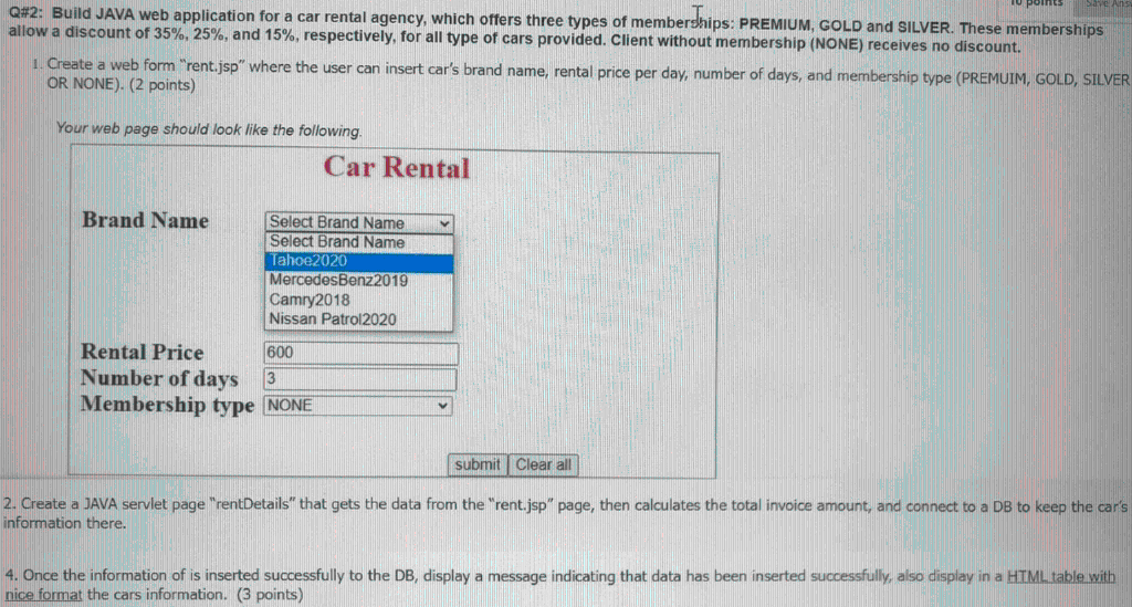 Solved Q#2: Build JAVA web application for a car rental | Chegg.com