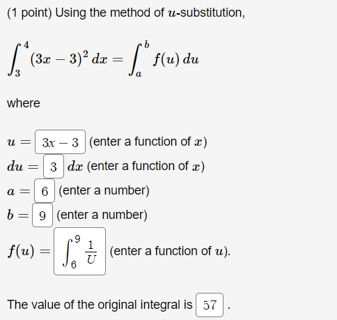 Solved (1 point) Using the method of u-substitution, | Chegg.com