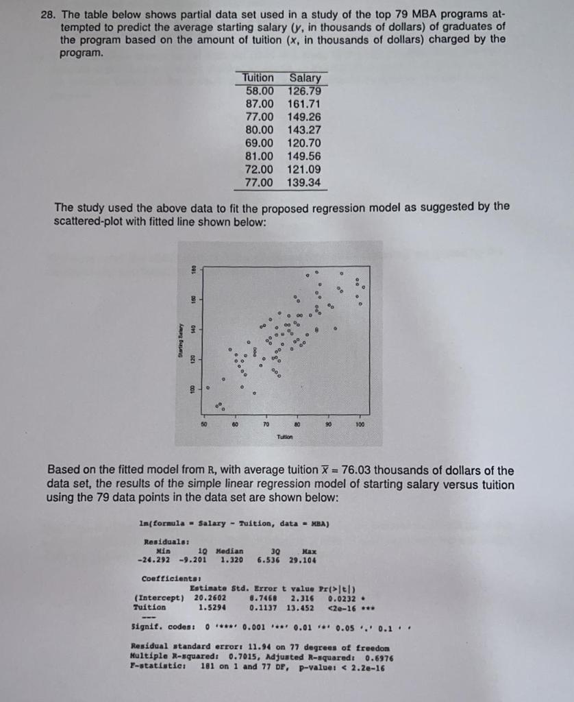 Solved 28. The table below shows partial data set used in a | Chegg.com