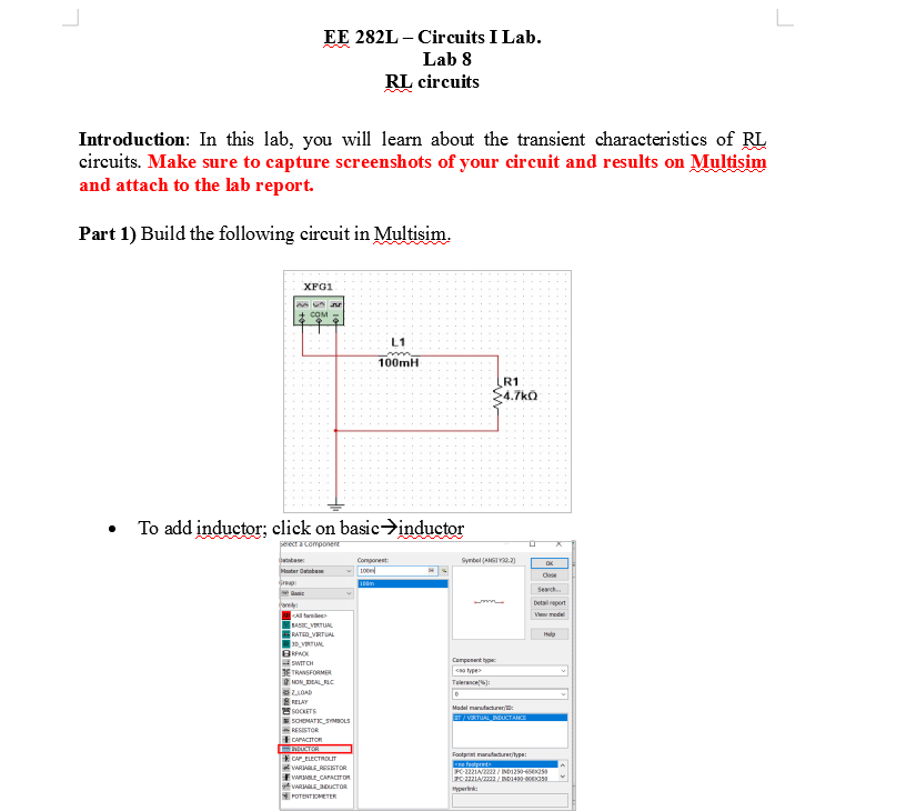 Solved EE 282L - Circuits I Lab. Lab 8 RL circuits | Chegg.com