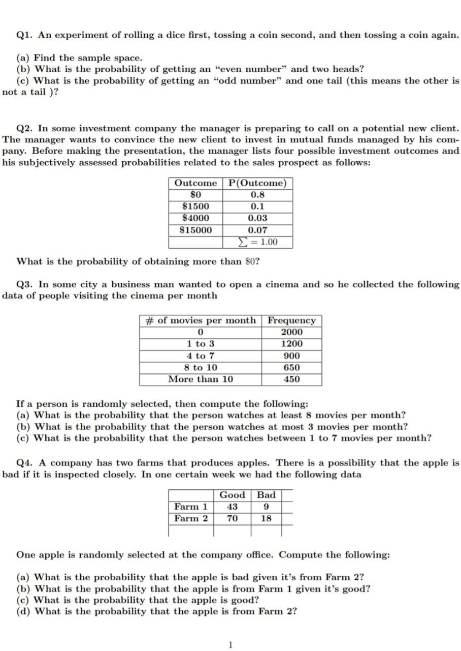 Solved Q1. An experiment of rolling a dice first, tossing a | Chegg.com