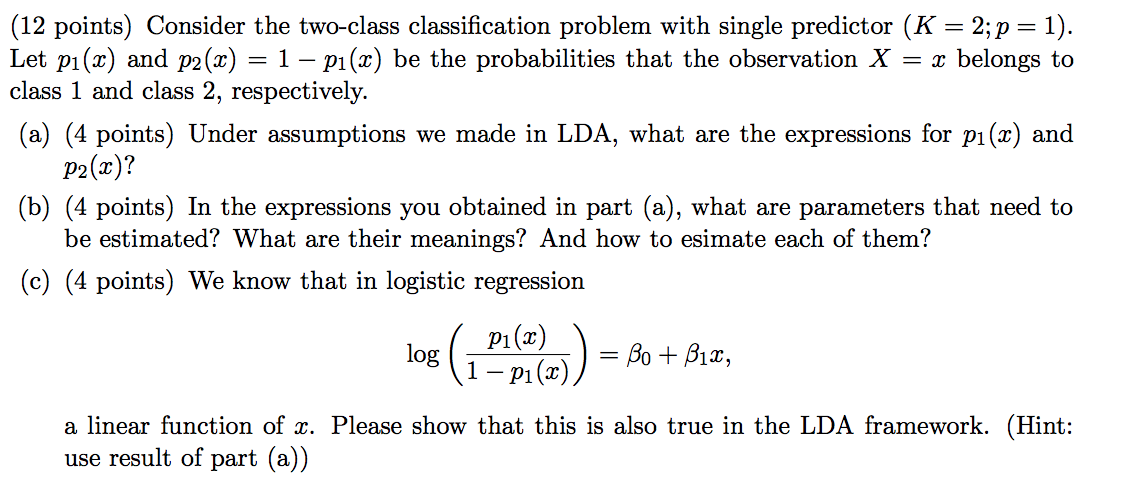 (12 points) Consider the two-class classification | Chegg.com