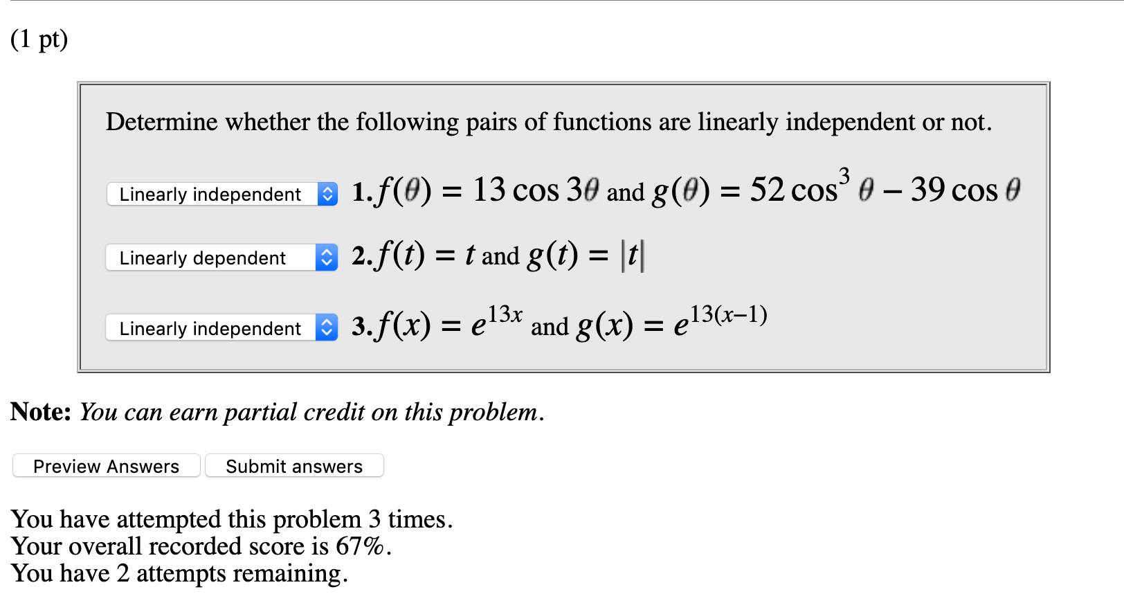 Solved (1 pt) Determine whether the following pairs of | Chegg.com