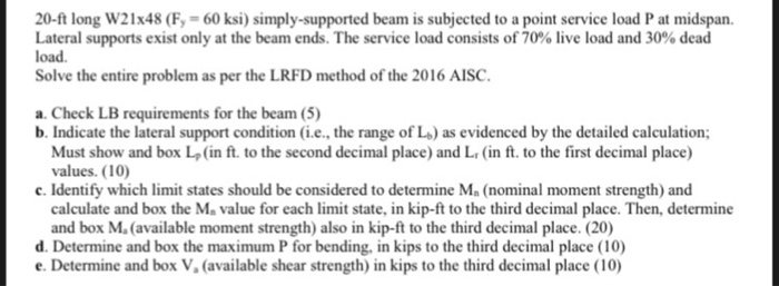Solved 20-ft long W21x48 (Fy -60 ksi) simply-supported beam | Chegg.com