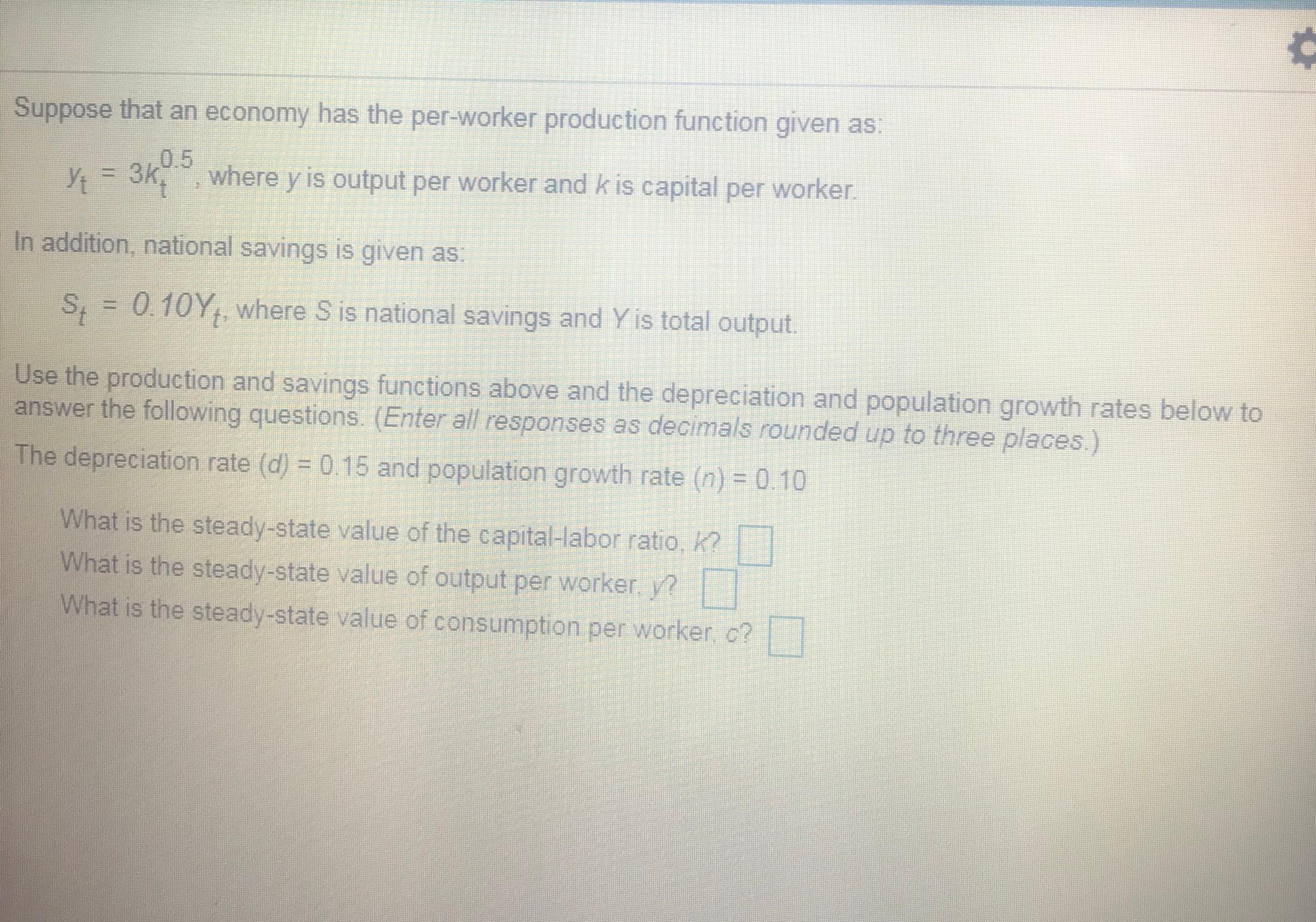Solved Suppose that an economy has the per-worker production | Chegg.com