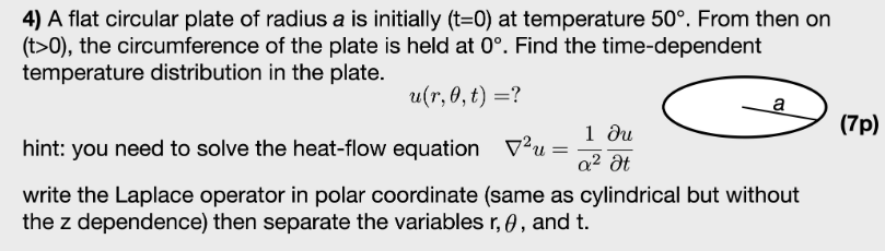 Solved 4) A flat circular plate of radius a is initially | Chegg.com