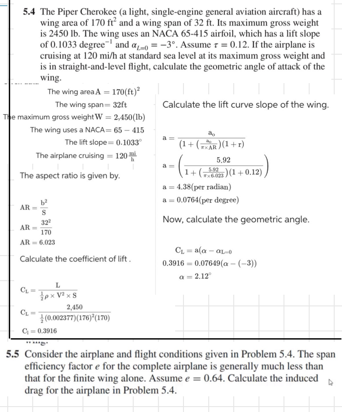 Solved 5.5 ﻿Consider the airplane and flight conditions | Chegg.com