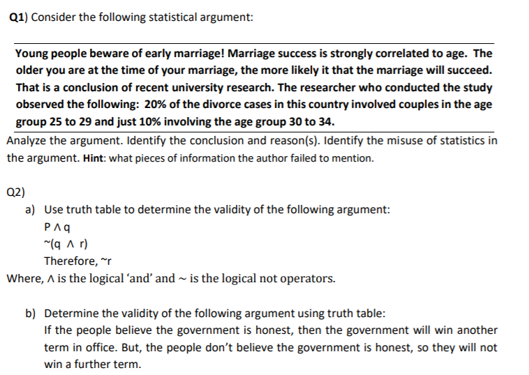 Q1) Consider the following statistical argument: | Chegg.com