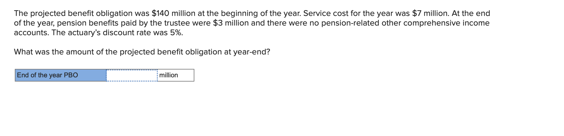 Solved The projected benefit obligation was $140 million at | Chegg.com