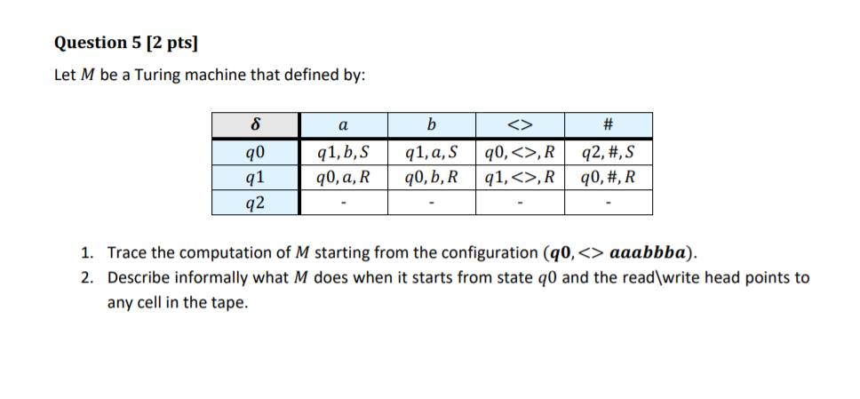 Solved Question 5 (2 pts) Let M be a Turing machine that | Chegg.com