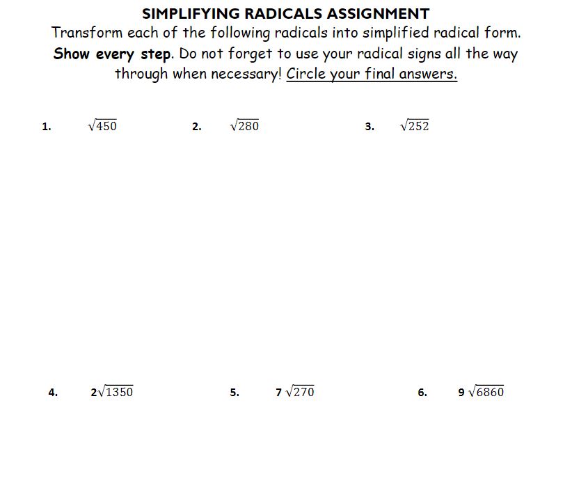 Solved SIMPLIFYING RADICALS ASSIGNMENT Transform each of the | Chegg.com