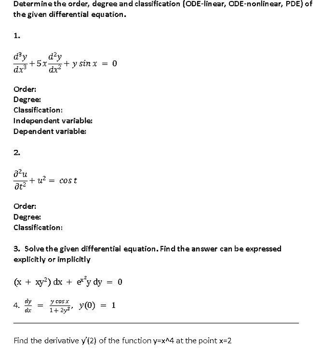 Solved Determine the order, degree and classification | Chegg.com
