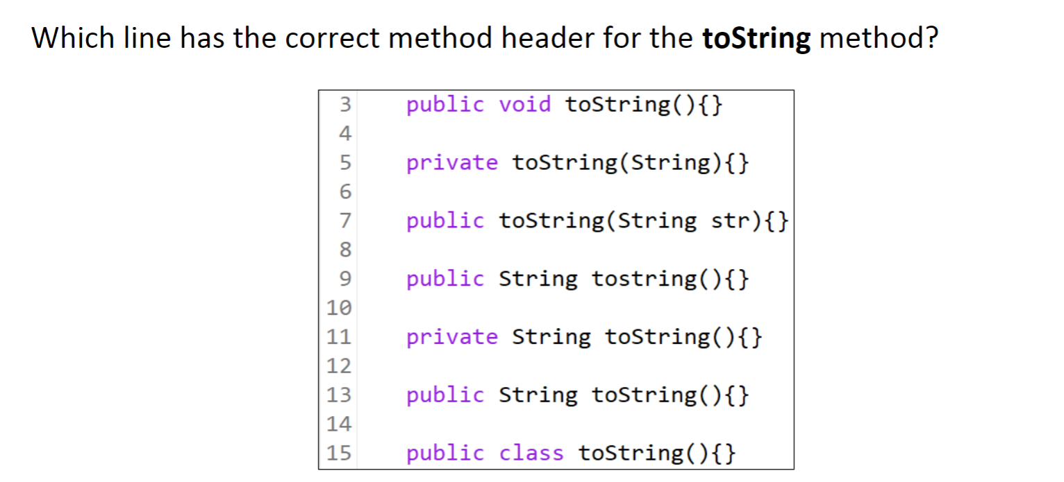 Solved Which line has the correct method header for the | Chegg.com