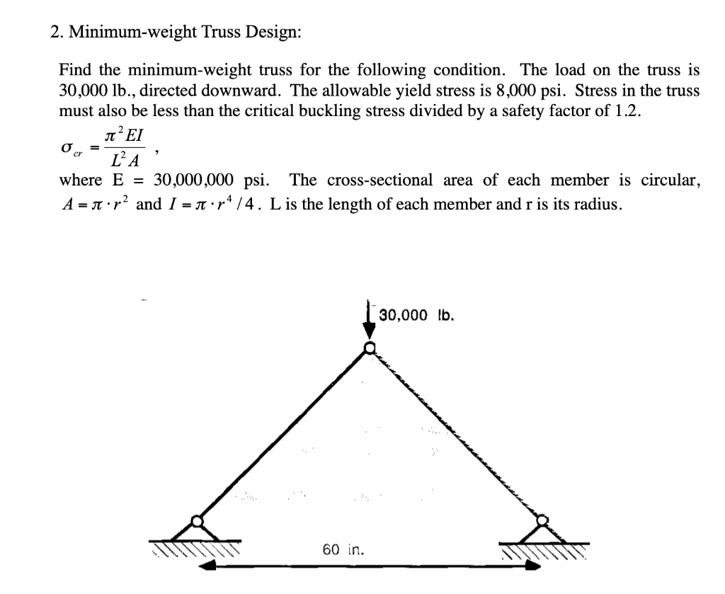 Solved 2. Minimum-weight Truss Design: Find the | Chegg.com