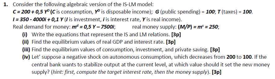 Solved Consider the following algebraic version of the IS-LM | Chegg.com