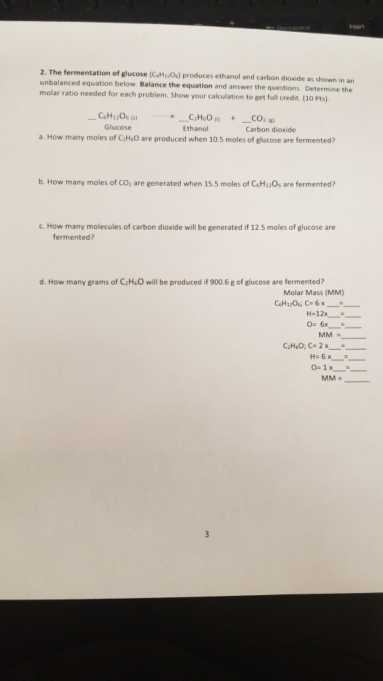 Solved Insert 2. The fermentation of glucose (CH120s) | Chegg.com