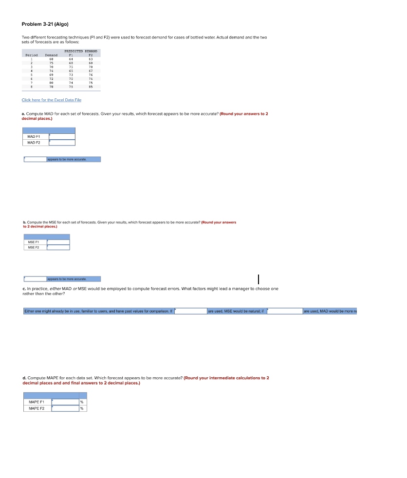 Solved Two different forecasting techniques (F-1 and F2) | Chegg.com
