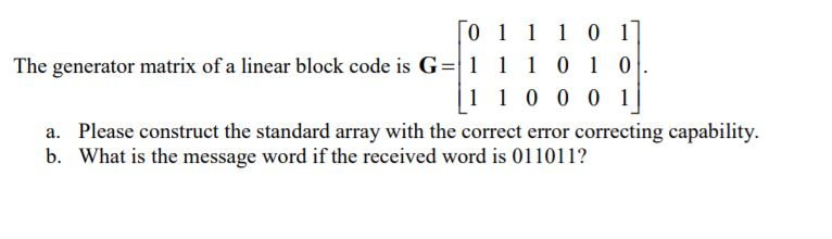 Solved To 1110 11 The generator matrix of a linear block | Chegg.com