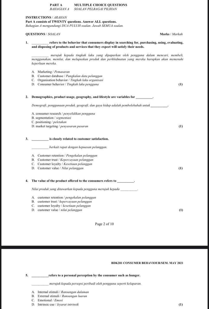 Solved PARTA BAHAGIAN A MULTIPLE CHOICE QUESTIONS SOALAN | Chegg.com