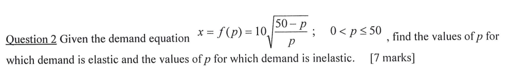 Solved Question 2 Given the demand equation x=f(p)=10p50−p;0 | Chegg.com