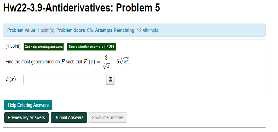 Solved Hw22-3.9-Antiderivatives: Problem 5 Problem Value: 1 | Chegg.com