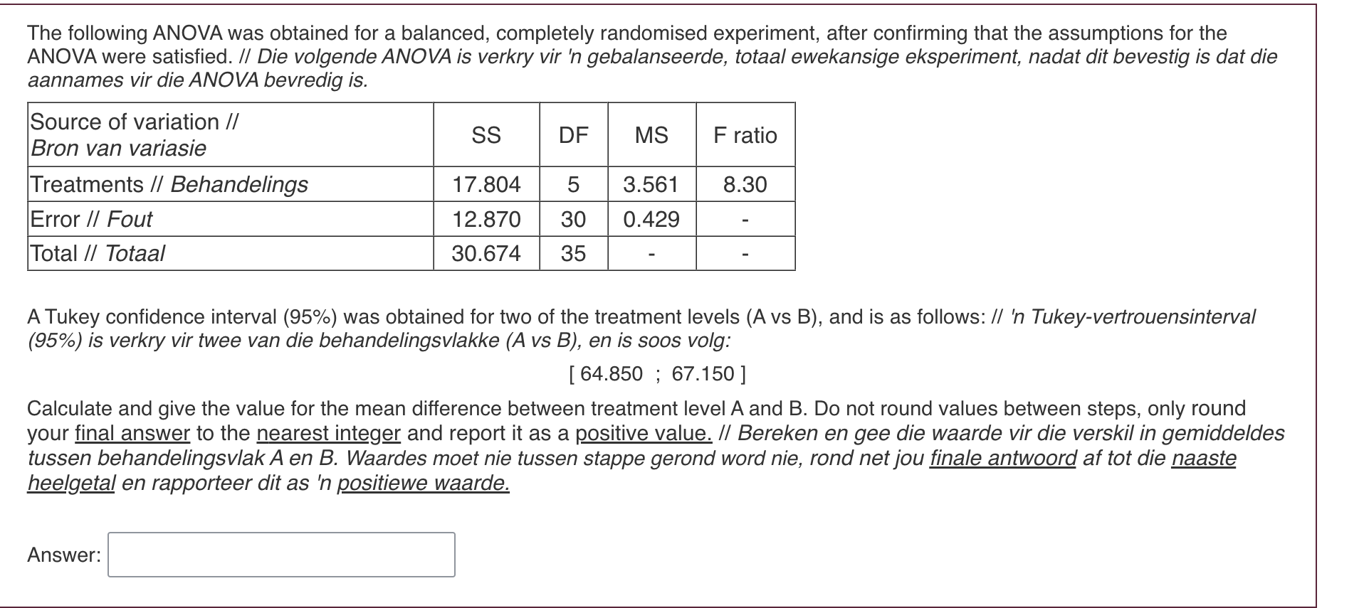 Solved The following ANOVA was obtained for a balanced, | Chegg.com