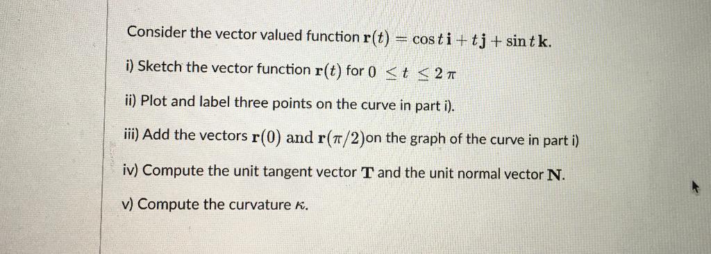 Solved Consider the vector valued function r(t) = costi+tj + | Chegg.com
